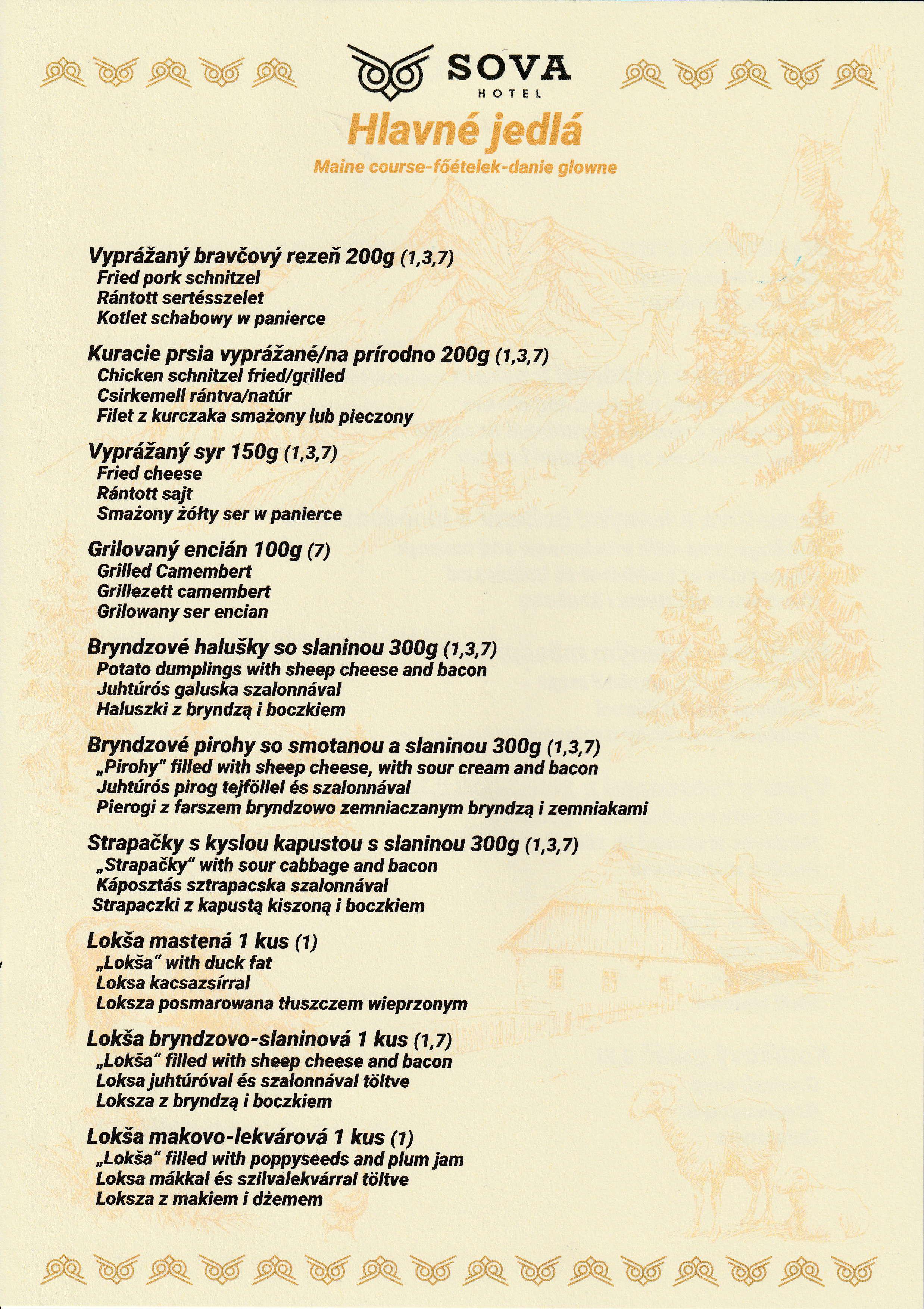 Menu - Hotel Sova Ždiar